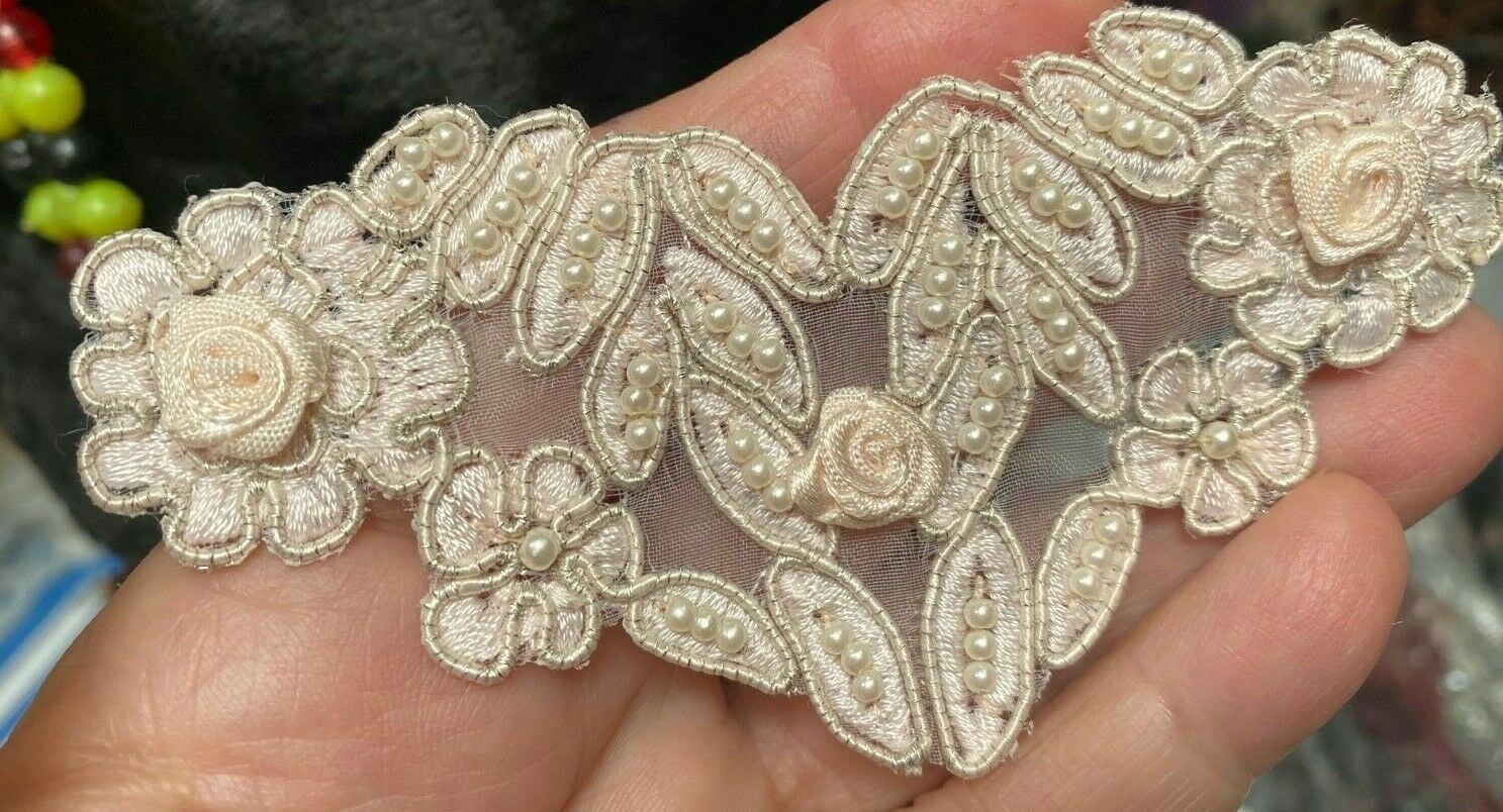 yoke rayon flowers pearl 2X4.5" soutache pale pink 1pc | eBay