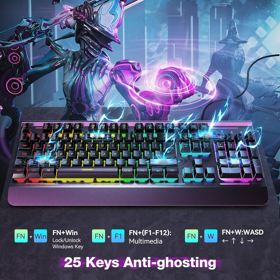 TECKNET RGB Gaming Keyboard UK Layout, USB Wired Computer Keyboard with ...