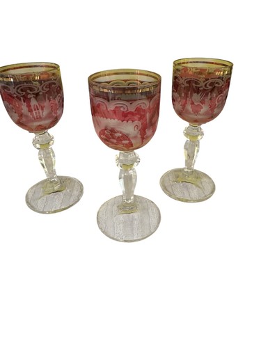 Vintage Czech Bohemian Crystal Etched Wine Glasses Cranberry Gold Rim ...