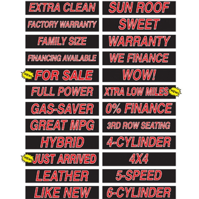Red and Black Car Dealer Window Stickers Slogans 25 packs 15" Mix n ...