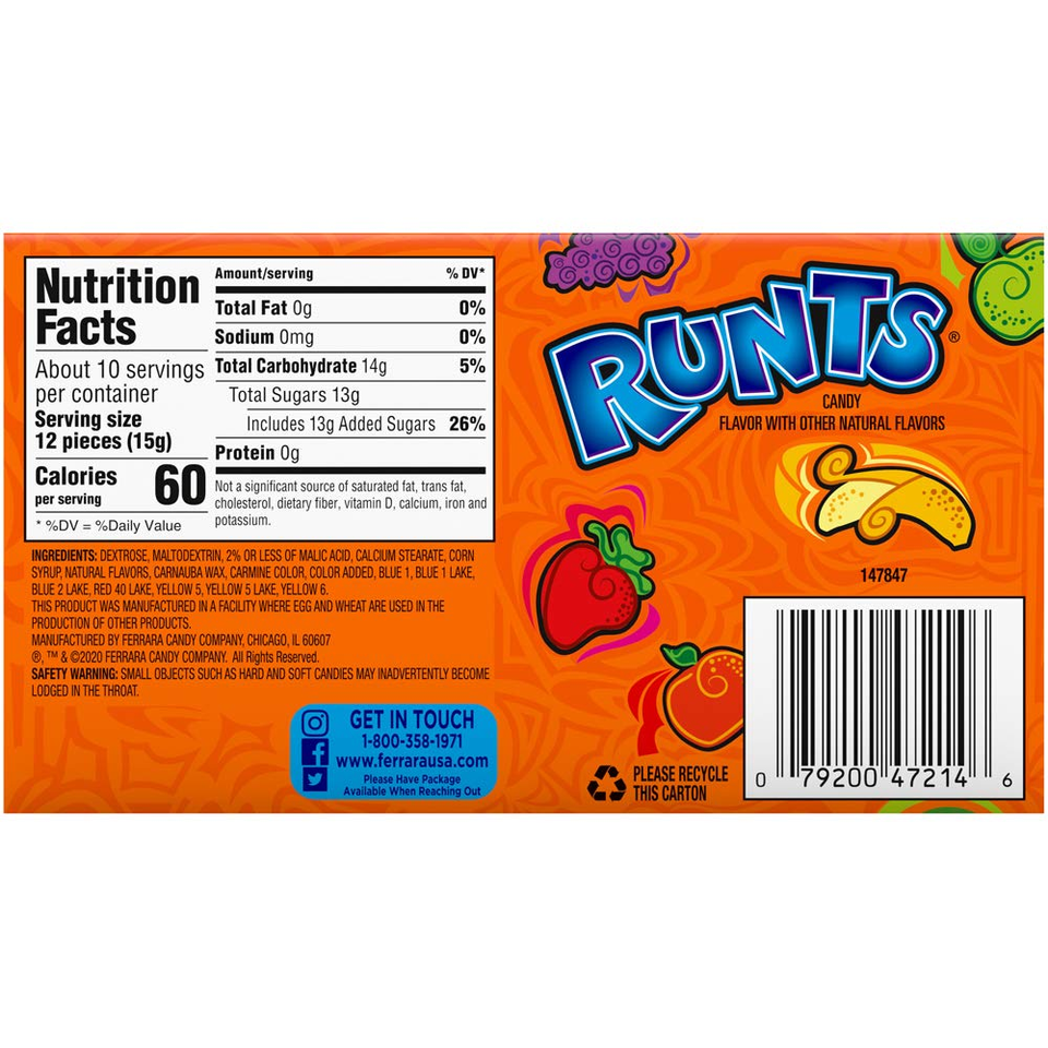 Runts Fruit Flavored Hard Candy, 5 Ounce Movie Theater Box (Pack of 12 ...