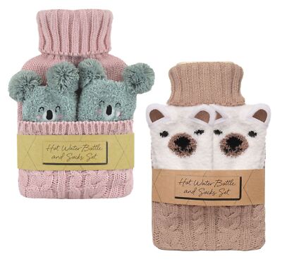 Hot Water Bottle & Socks Gift Set Knitted Cover Fluffy Cosy Warm Sock ...