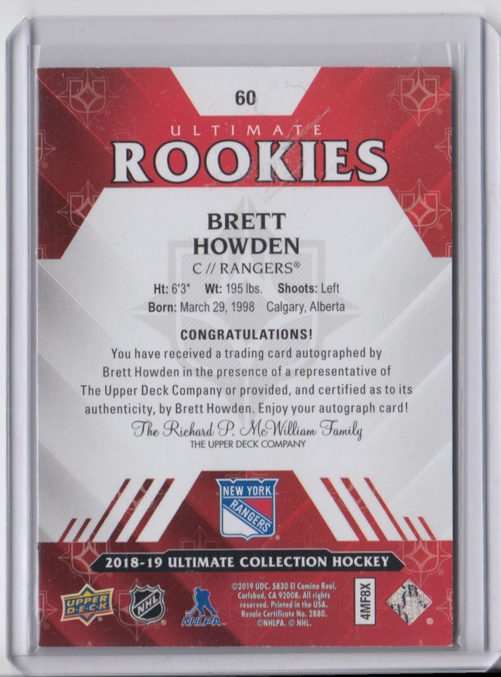 2018-19 Upper Deck Ultimate Collection Rookie Autograph Brett Howden RC ...
