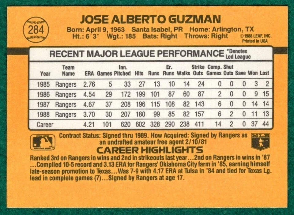 Jose Guzman - 1989 Donruss #284 - Texas Rangers Baseball Card | eBay