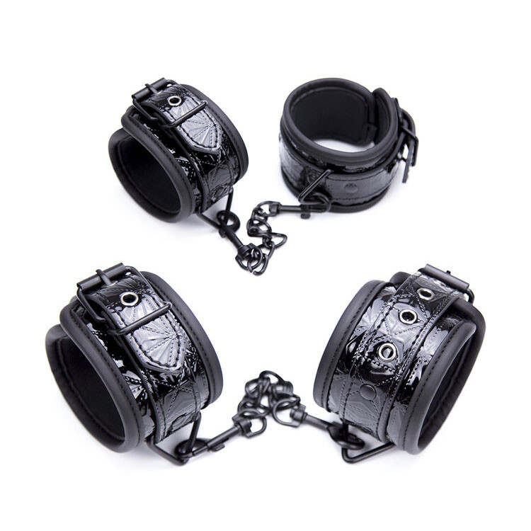 PU Leather Embossed Handcuffs Ankle Shackles Cuffs Restraints Bondage ...