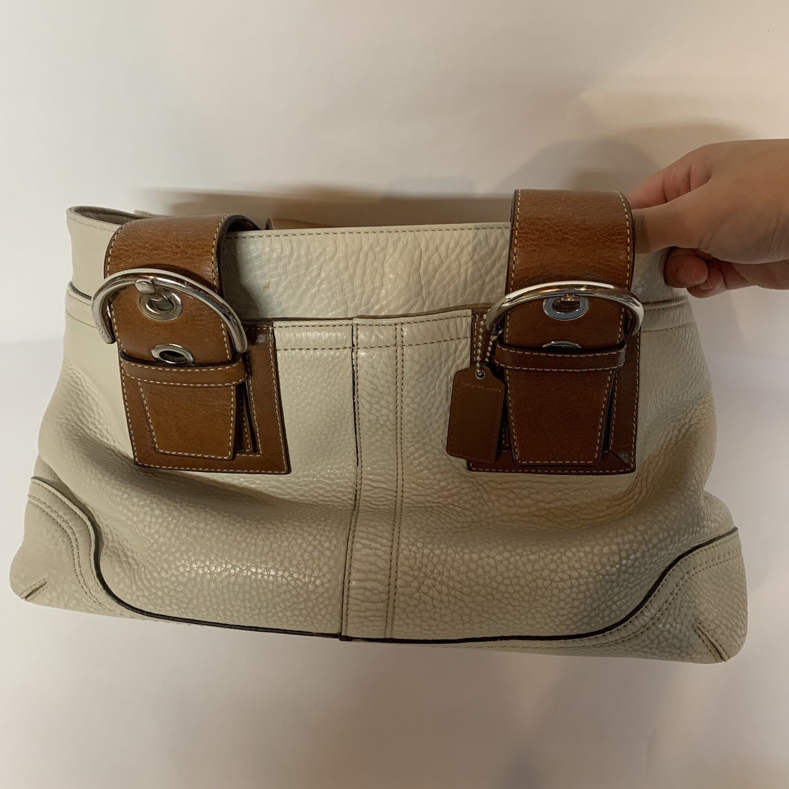 Coach Genuine Pebbled Leather Handbag Purse Cream Bro… - Gem
