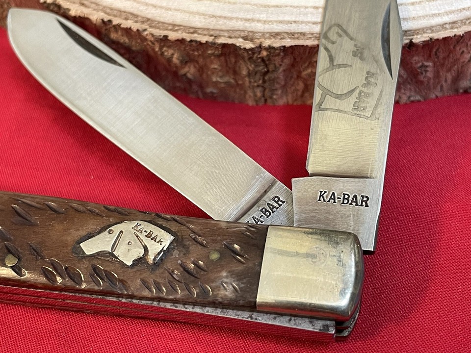 Vintage KA-BAR Dog Head 2-Blade Folding Knife Stag Handles | eBay