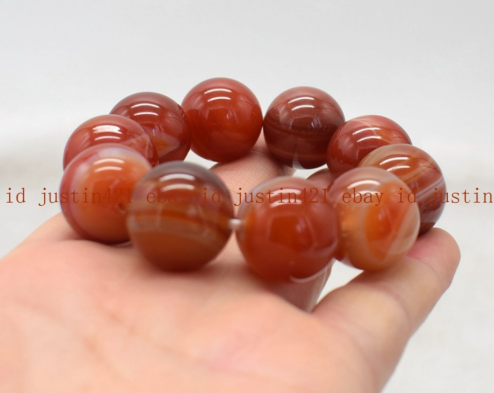 Huge 16/18/20mm Natural Red Striped Agate Gemstone Round Beads Bracelet ...