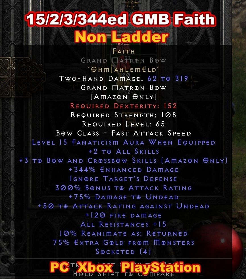 Faith 15/2/3/344ed🔥 NON Ladder GMB Grand Matron Bow Diablo 2 ...
