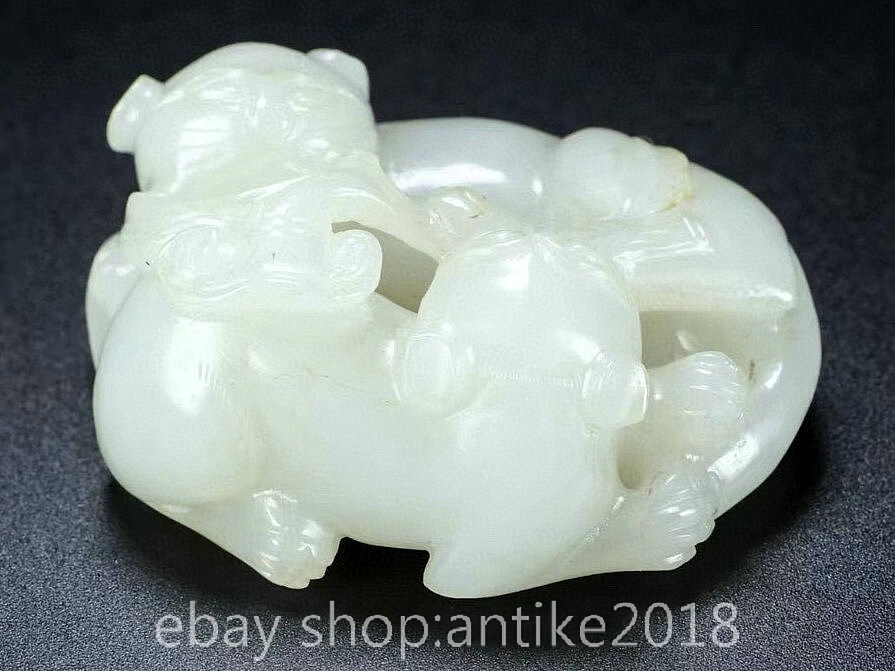 2.4" Chinese Natural Hetian Jade Hand Carving Fengshui 2 Beast Play ...