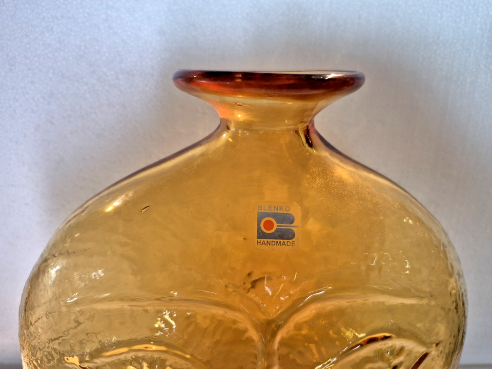 BLENKO GLASS SUN FACE VASE DECANTER, TOPAZ GOLDEN AMBER, #9525, WAYNE ...