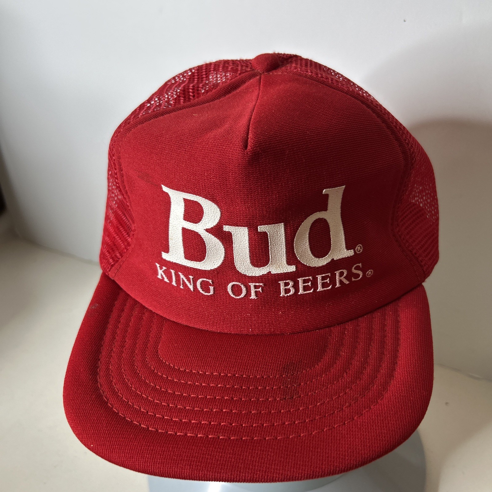 Vtg Bud King Of Beers Red Snap Back Trucker Hat Retro Stylemaster Made ...