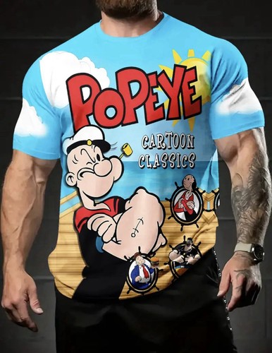Men's Popeye Cartoon Classics T-Shirt - Blue Summer Tee - Large - Gay ...