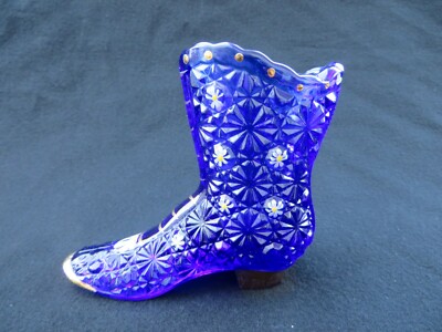 Fenton Glass Cobalt Blue Daisy Button Boot Shoe Hand Painted Flowers ...