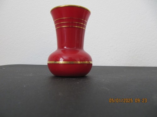 Bohemian Glass Vase Cherry Red Gold Striped Outlining 3.5" Tall Vintage ...