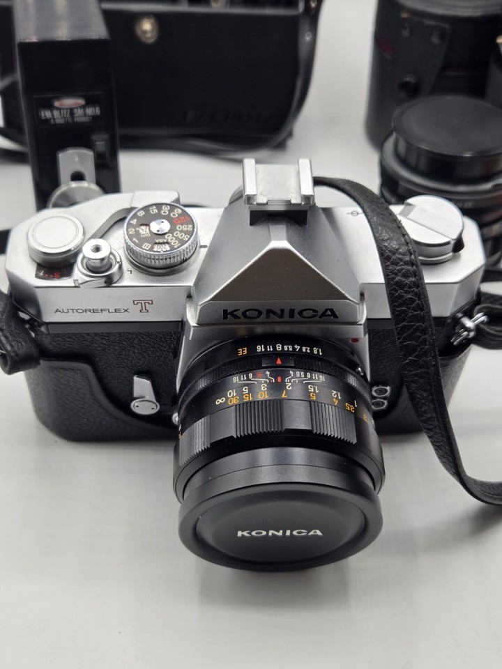 KONICA AUTOREFLEX MODEL T FILM CAMERA Auto Flash, 3 Lenses/filters And ...