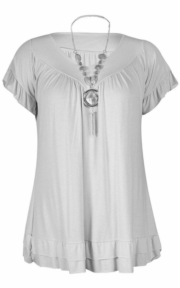 Womens FRILL NECKLACE GYPSY Tunic Short Sleeve Long ladies V Neck Tops ...