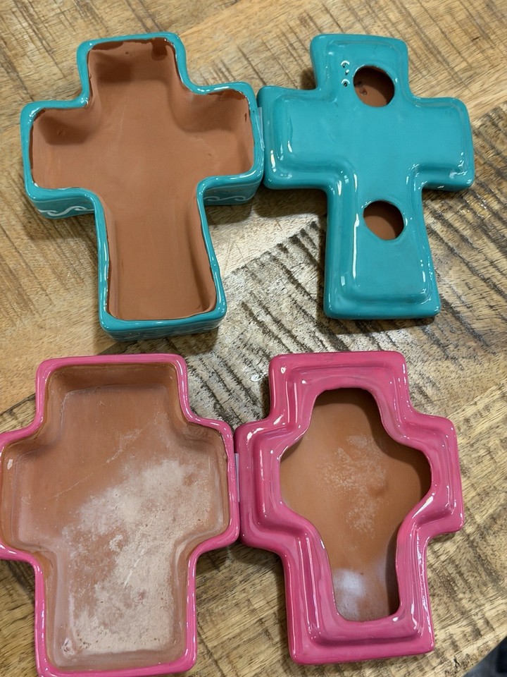 2 Mexican Cross Shape Trinket Boxes Hot Pink, Green 4x5” Hand Painted ...
