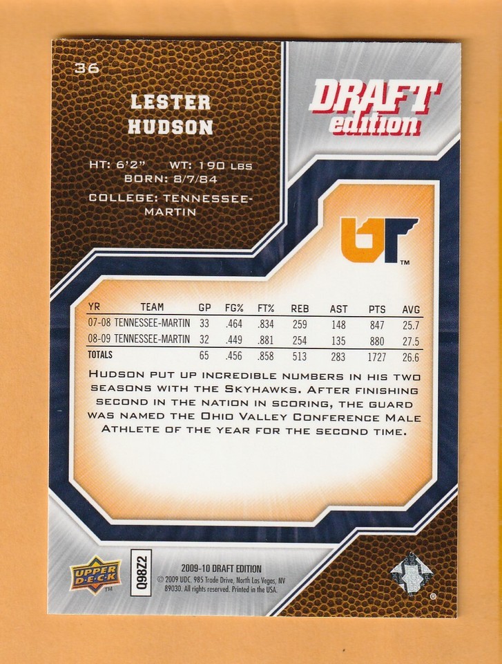 Lester Hudson UT Martin Skyhawks 2009-10 Upper Deck Draft Edition #36 ...