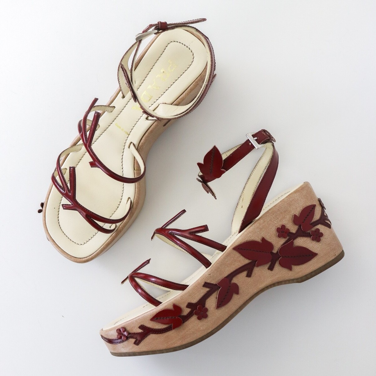 Vintage S/S 1997 Prada Leather Wedge Sandals Floral Vine Vintage S/S 1997 Prada Leather Wedge Sandals Floral Vine