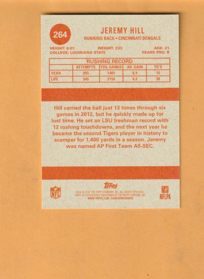 Jeremy Hill Cincinnati Bengals 2014 Topps 1963 Mini #264 RC LSU Tigers ...