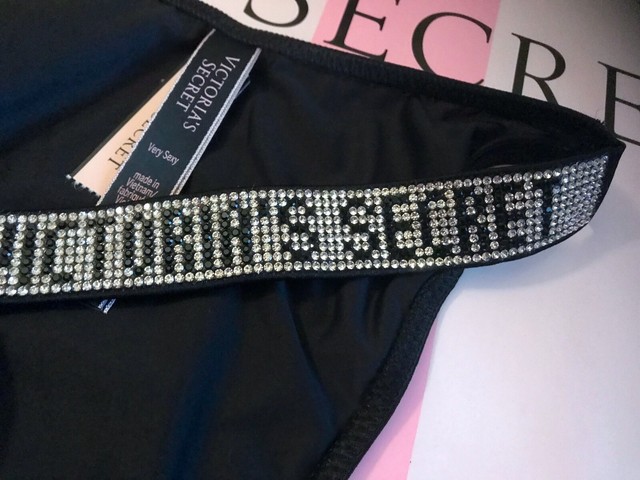 Victoria's Secret S Black Smooth Silver Rhinestone Logo Brazilian ...