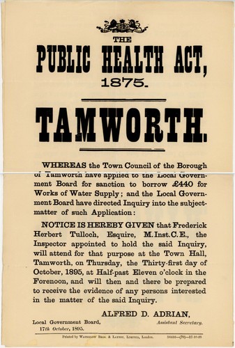 1895 TAMWORTH POSTER PUBLIC HEALTH ACT 1875 WATER SANITATION A.D ADRIAN ...
