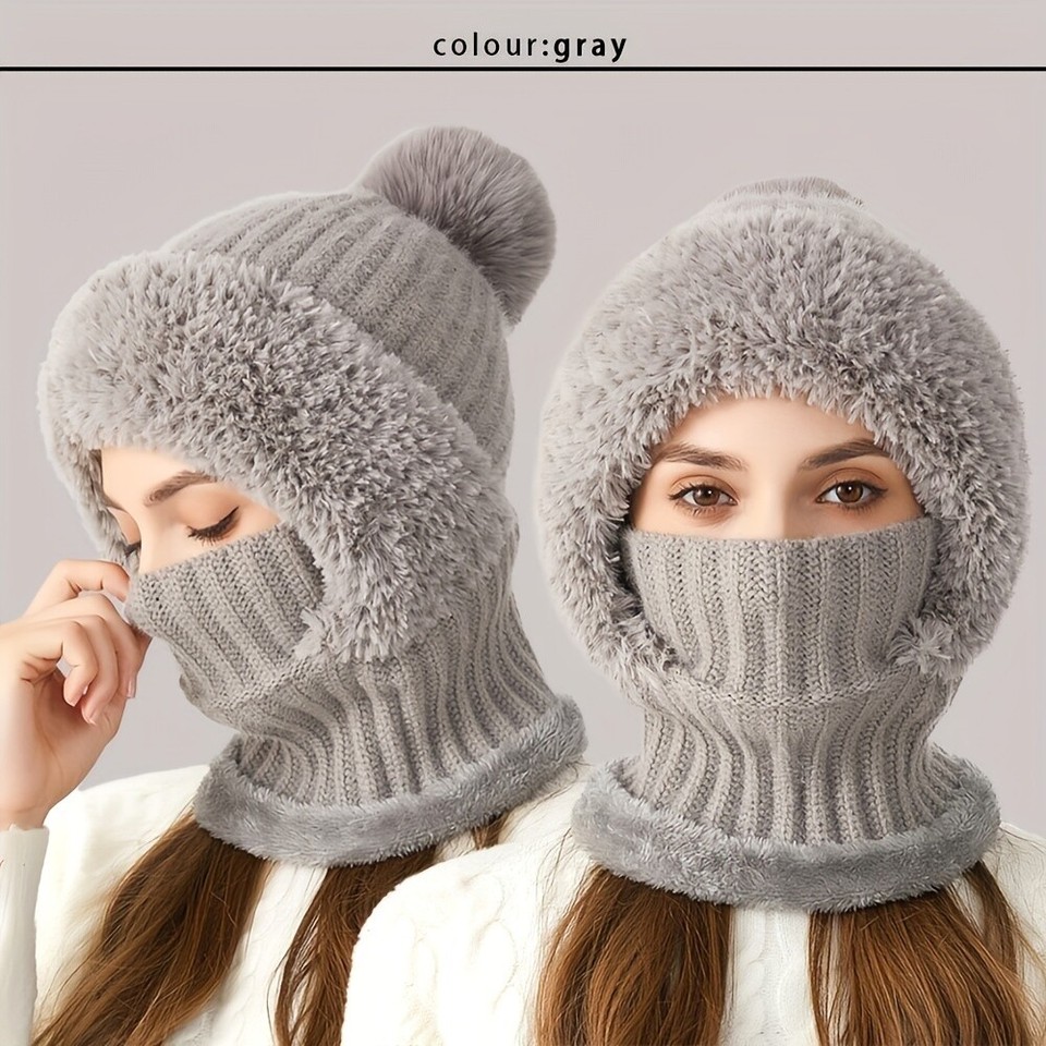 Womens Bib Beanie Hat Bobble Face Cover Set Knitted Winter Warmer Ski ...