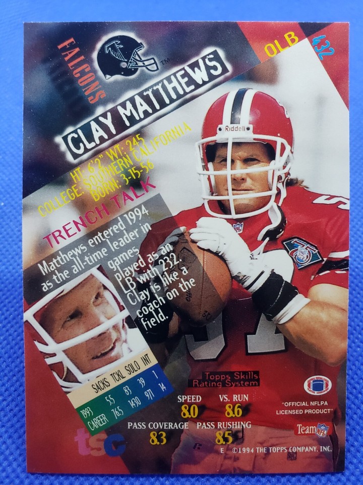 1994 Topps Stadium Club CLAY MATTHEWS Members Only card ATLANTA FALCONS ...