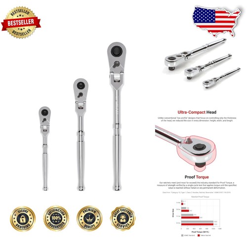 1/4, 3/8, 1/2 Flex Head Ratchet Set with Ergonomic Handle and 90-Tooth ...