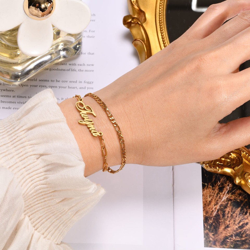 Stainless Steel Full Light Name Customized Double Layer Bracelet Gold ...