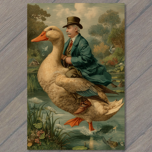 POSTCARD Man Riding Goose Green Coat Whimsy Top Hat Adventure Surreal ...