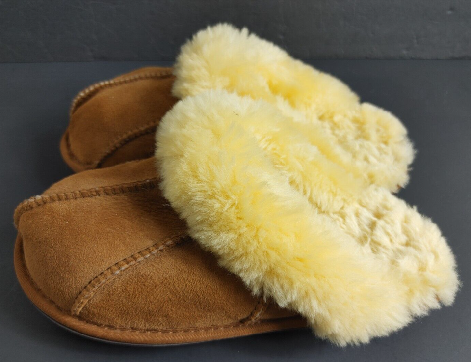 GENUINE BROW SUEDE CREAM SHEEPSKIN WOMEN'S XL SLIPPERS HOUSE SHOES W ...
