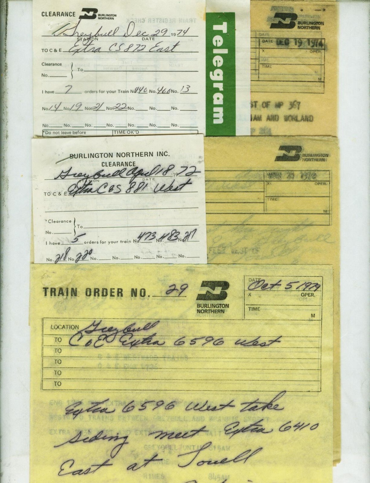 BURLINGTON NORTHERN RAILROAD TRAIN ORDERS (18) GREYBULL, WYOMING 1972 ...