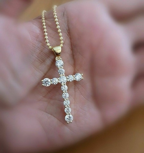 2Ct Lab Created Diamond Cross Necklace with Chain 14K Yellow Gold over ...