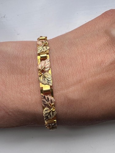 9ct Yellow Gold Black Hills Bracelet Tri Toned Leaves Hallmarked 18cm ...