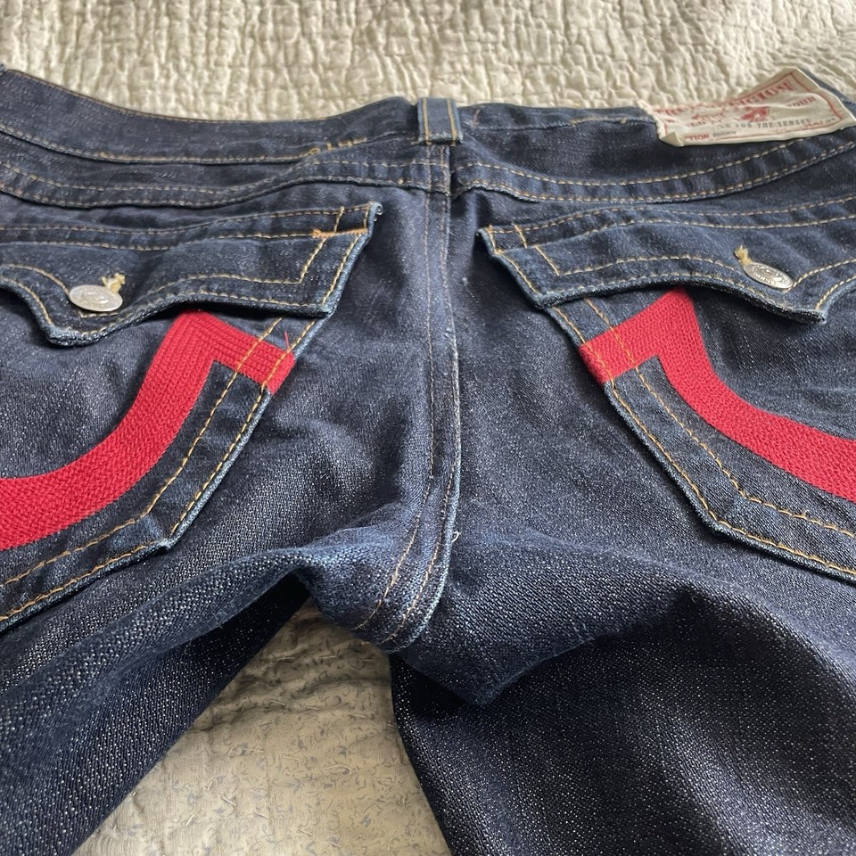 True Religion Ricky Blue Jeans Mens 36x35 Red Flap Pockets Thick Stitch ...