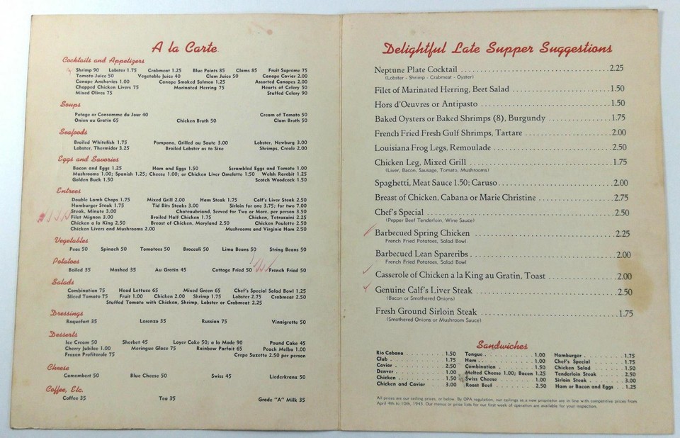 1940's Original WWII War Era Ration Menu RIO CABANA Restaurant ? New ...