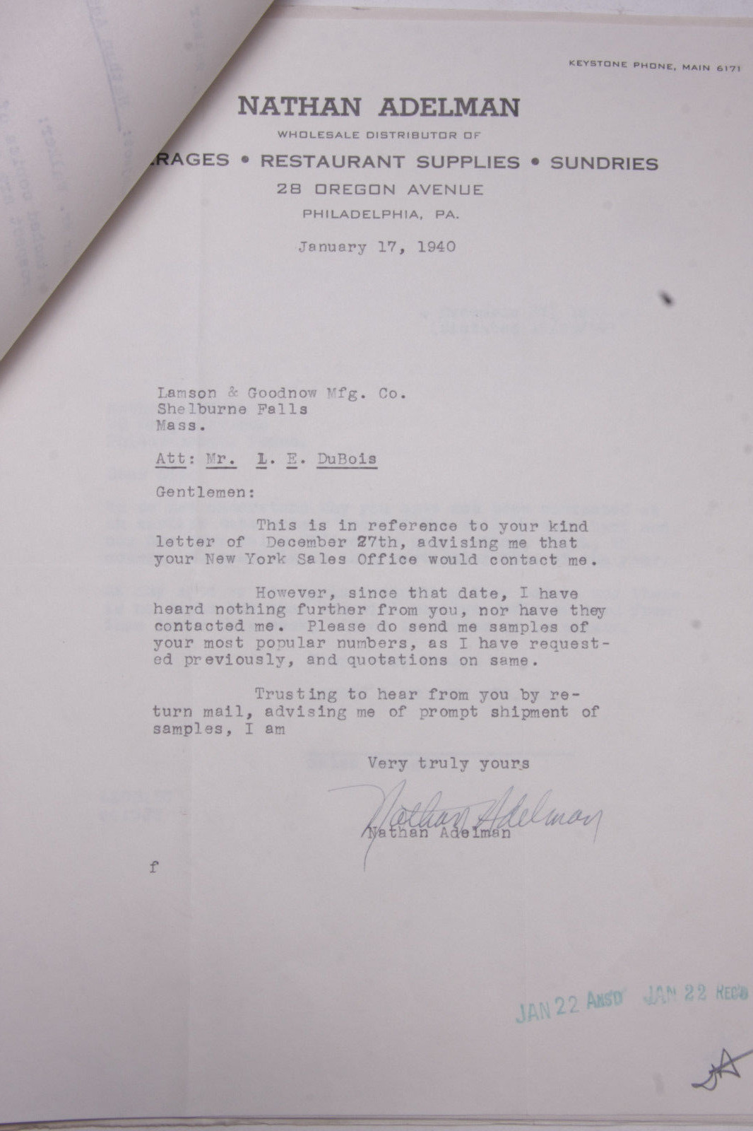 1940 Lamson Goodnow Nathan Adelman Philadelphia PA Signed Letters ...