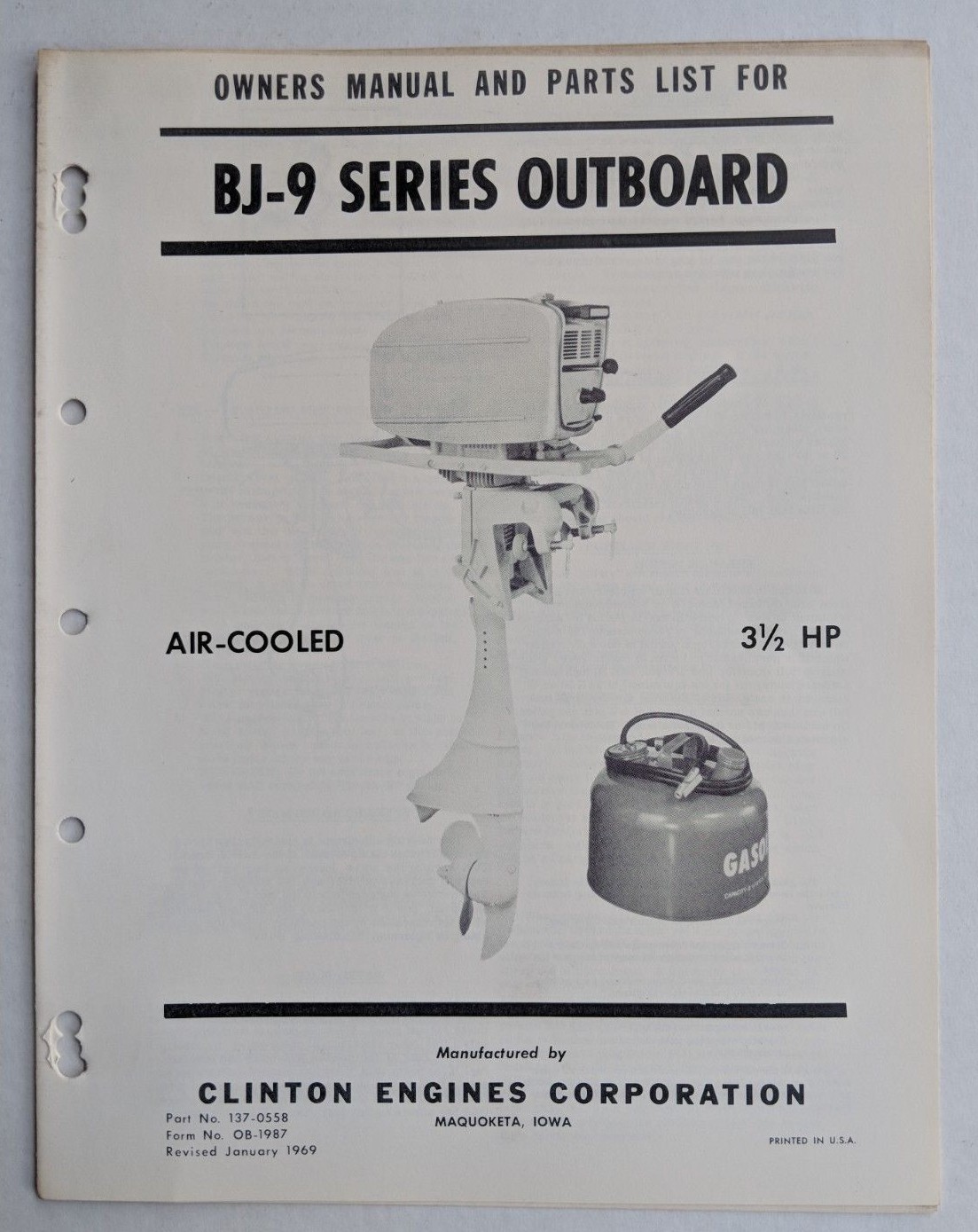 ORIGINAL CLINTON 3.5 HP BJ-9 SERIES, OUTBOARD OWNERS AND PARTS MANUAL ...