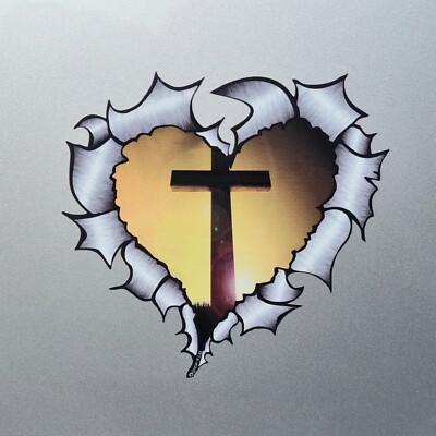 Christian Crucifix Cross Heart Ripped Metal Vinyl Sticker Decal ...