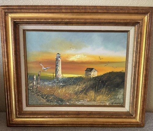 H Dolly Vintage Oil Painting Lighthouse Sunset Seagulls in Gold Frame ...