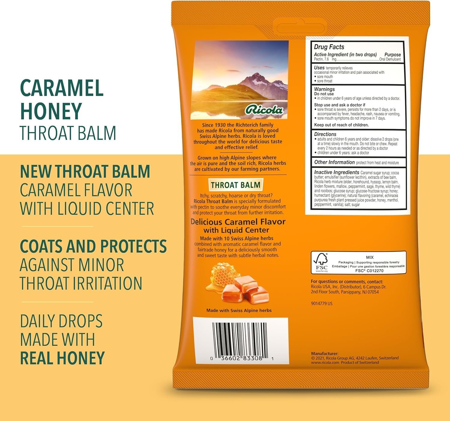 Ricola Throat Balm Caramel Throat Drops with Liquid Center Caramel ...