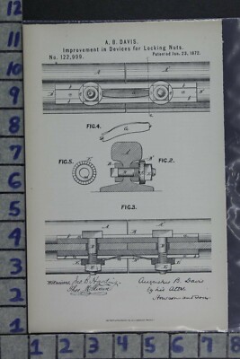1872 DAVIS PHILADELPHIA PA LOCK NUT DEVICE GARAGE TOOL PATENT LITHO ...