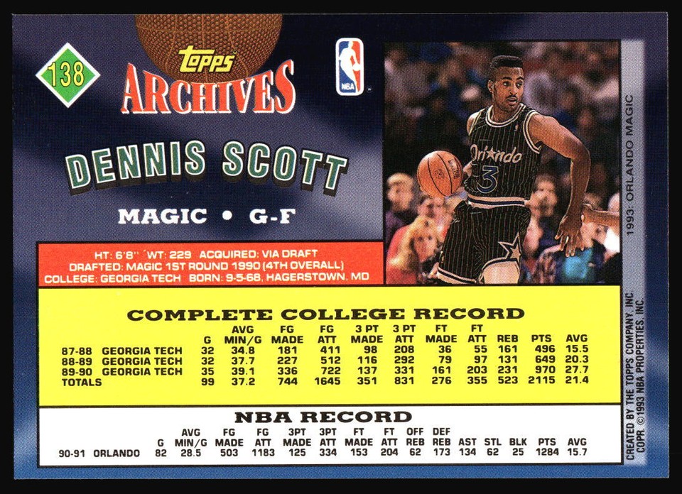 1992-93 Topps Archives Dennis Scott #138 Orlando Magic | eBay