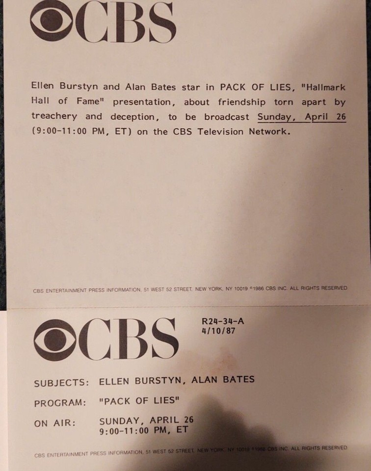 Original Vintage 1987 Press Photo Ellen Burstyn Alan Bates PACK OF LIES ...
