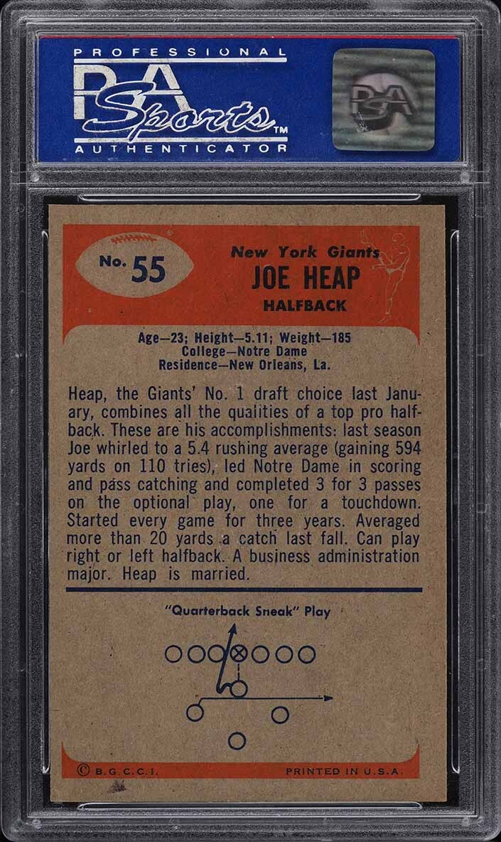 1955 Bowman FB Card # 55 Joe Heap New York Giants ROOKIE RC PSA 8 NM-MT ...