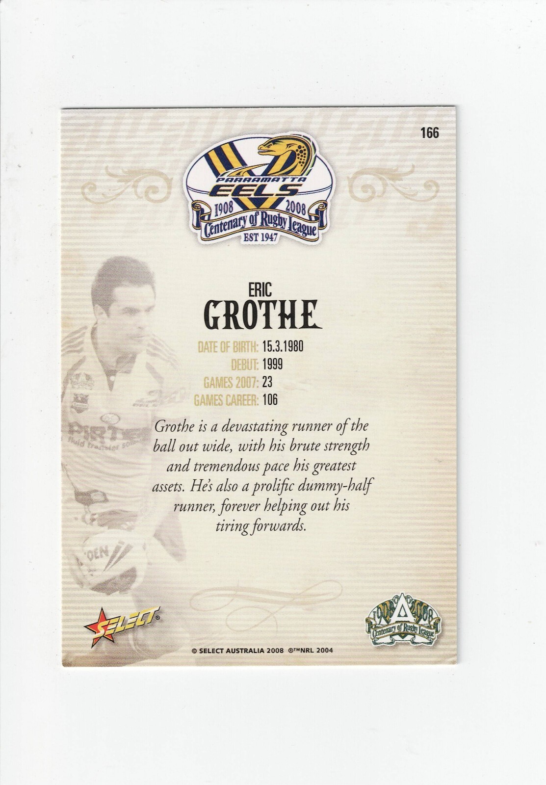 2008 Select NRL Centenary Rugby League Eric Grothe #166 (Parramatta ...