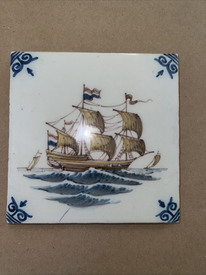 Delft Blue Hand Painted Glazed Tile Ship | eBay