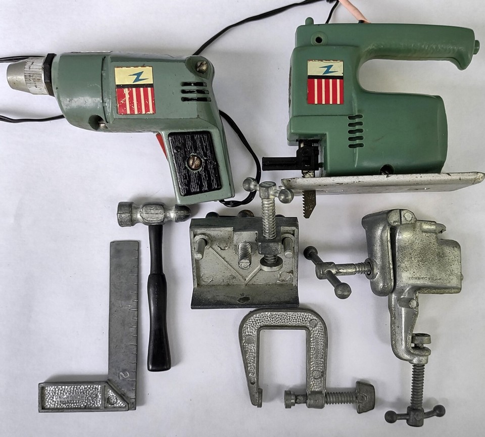 7 Vintage 1969 Ideal Miniature Toy Tools-Clamps-Vise-Drill-Sander-Ruler ...